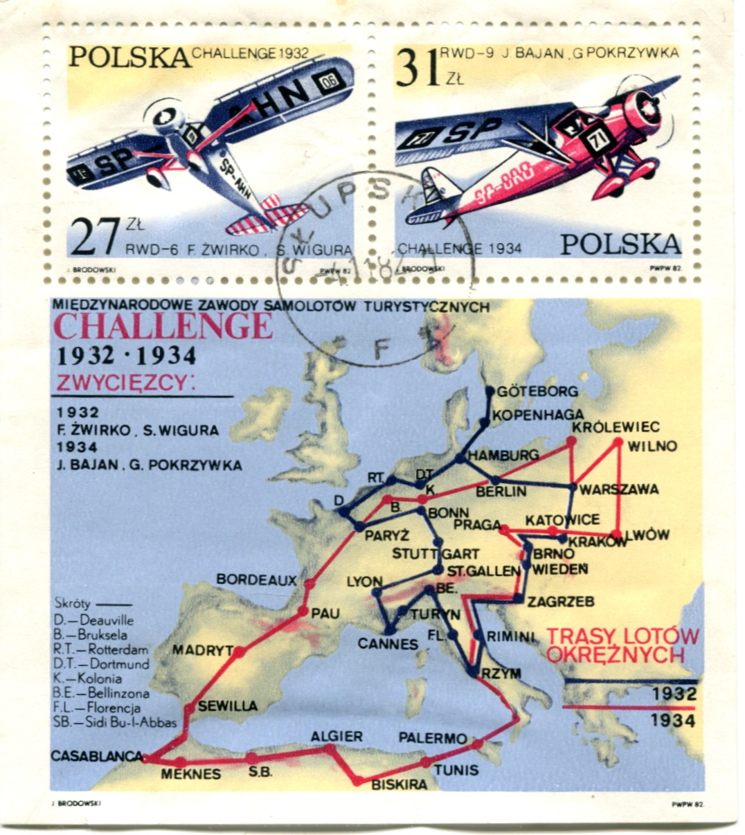 Марка блок «50 летие полетов монопланов (Авиапочта)» 1982 год Польша ...
